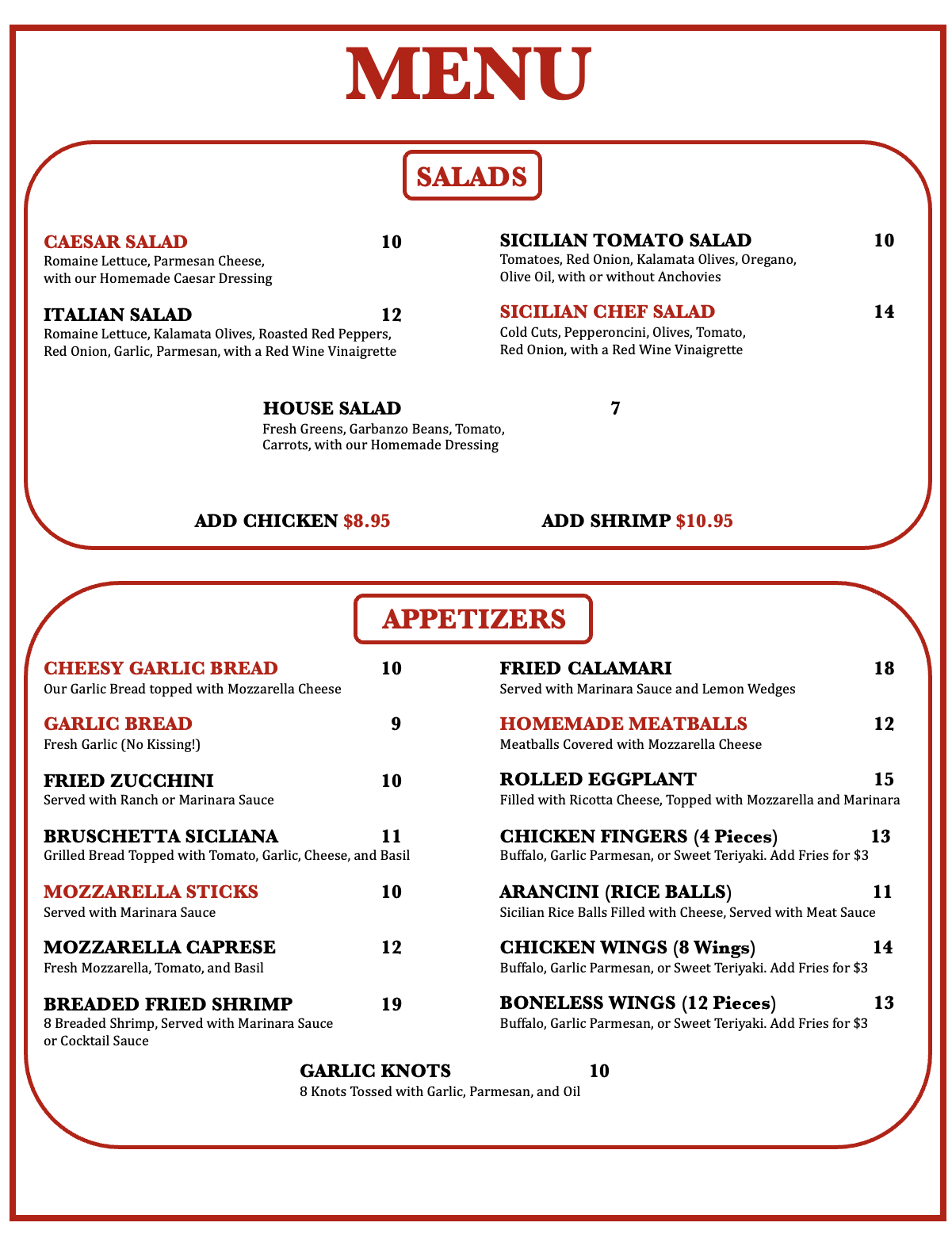 Menu – The Sicilian Pizzeria and Ristorante